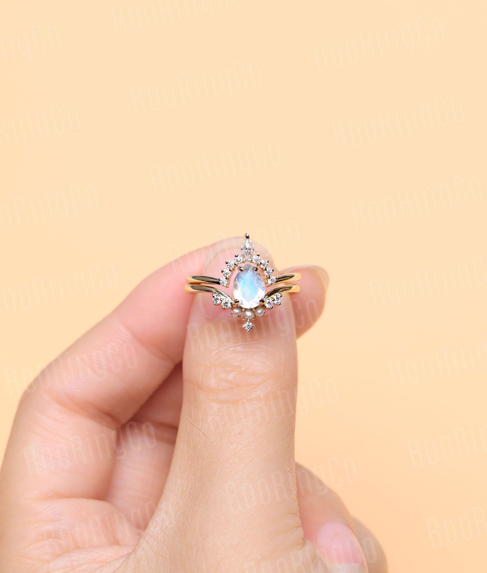 Pear Shaped Moonstone Engagement Ring Set Art Deco Ring | Etsy