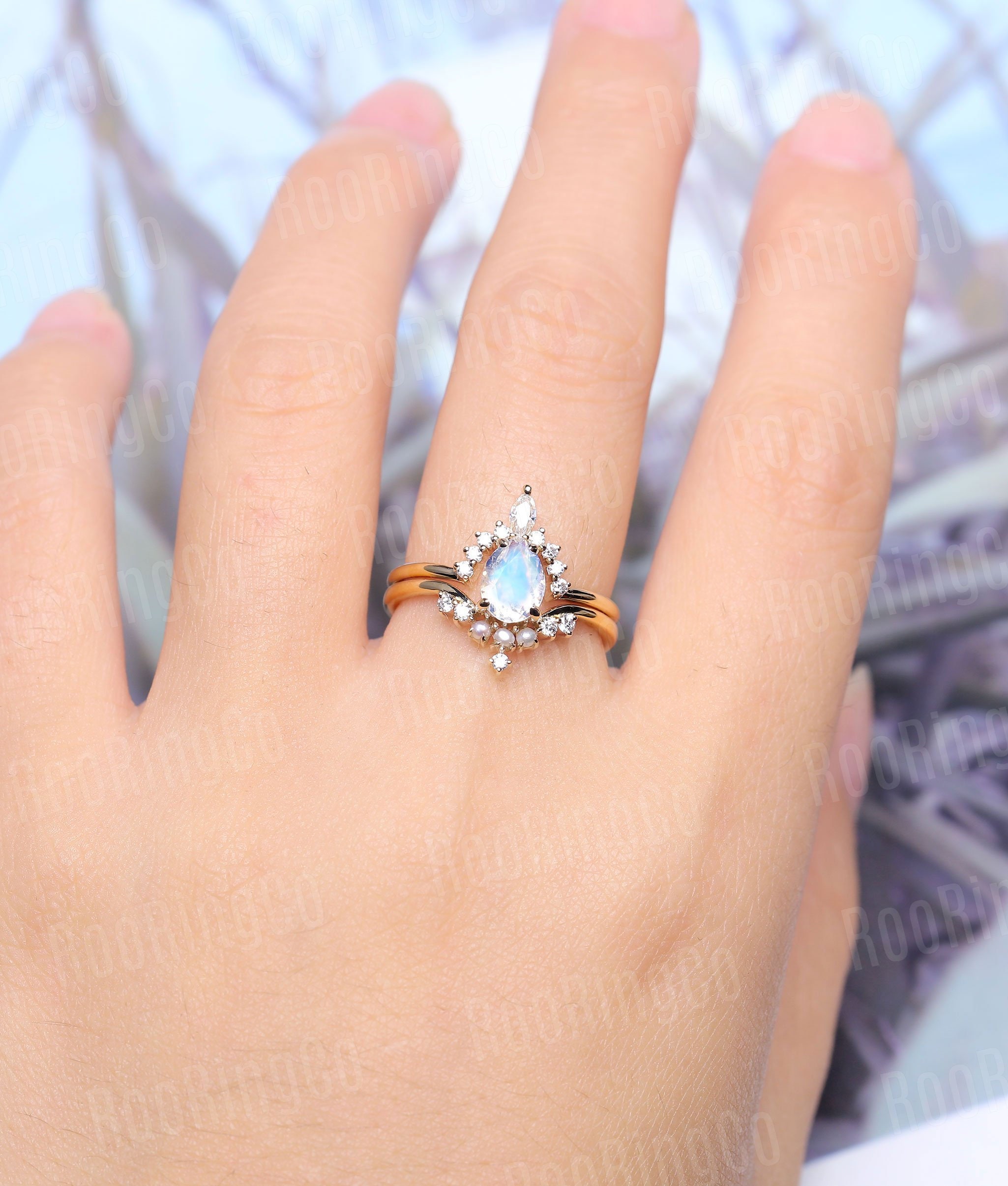Pear Shaped Moonstone Engagement Ring Set Art Deco Ring | Etsy