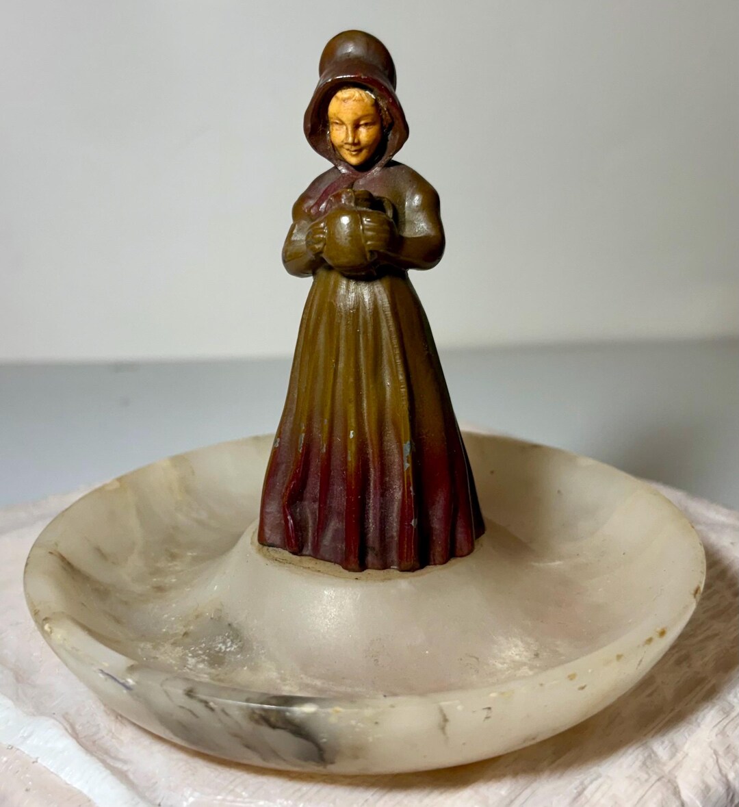 Antique Art Deco Alabaster Trinket Dish W/hand-painted Woman Figurine ...