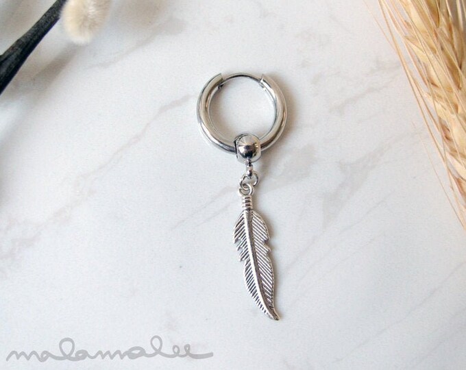 Mens Huggie Hoop With Dangle Feather, Stainless Steel Hoop Earrings ...