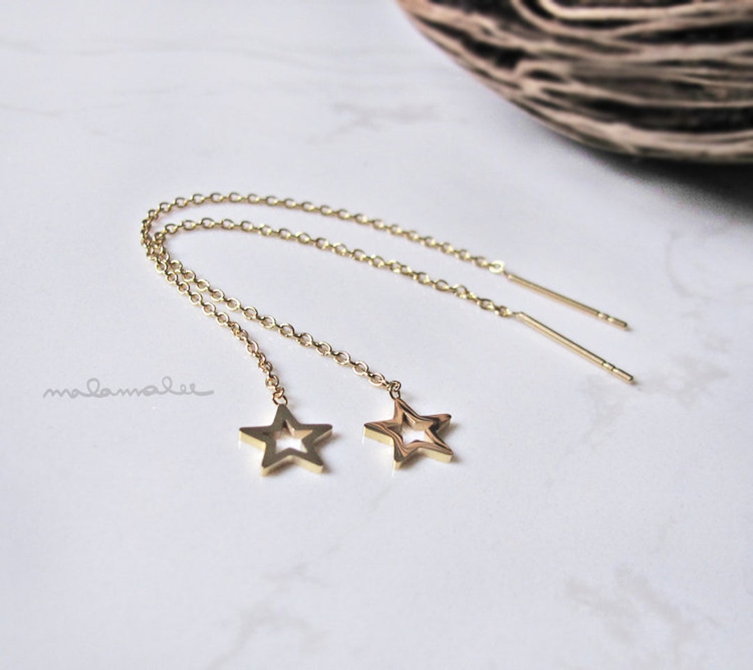 Star Drop Threader Earrings, Star Dangling Earrings, Stainless Steel ...