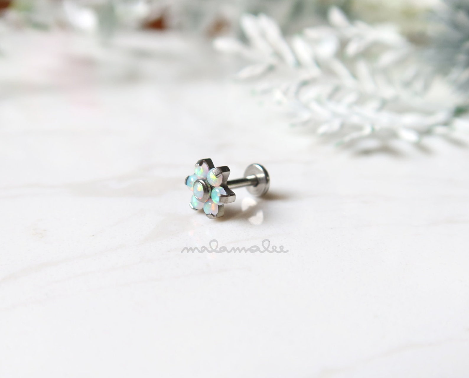 White Opal Flower Internally Threaded Flat Back Earrings | Etsy