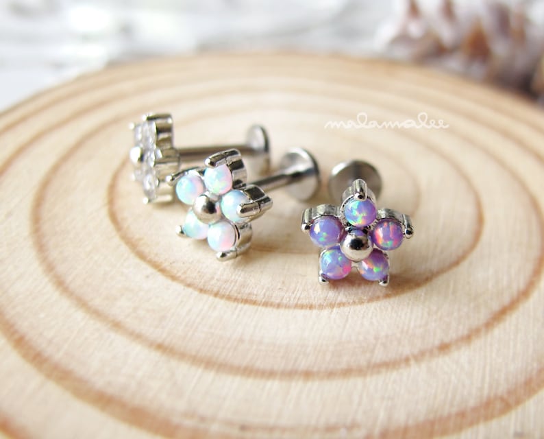 Tiny Opal Flower Internally Threaded Flat Back Earrings, 16G Labret ...