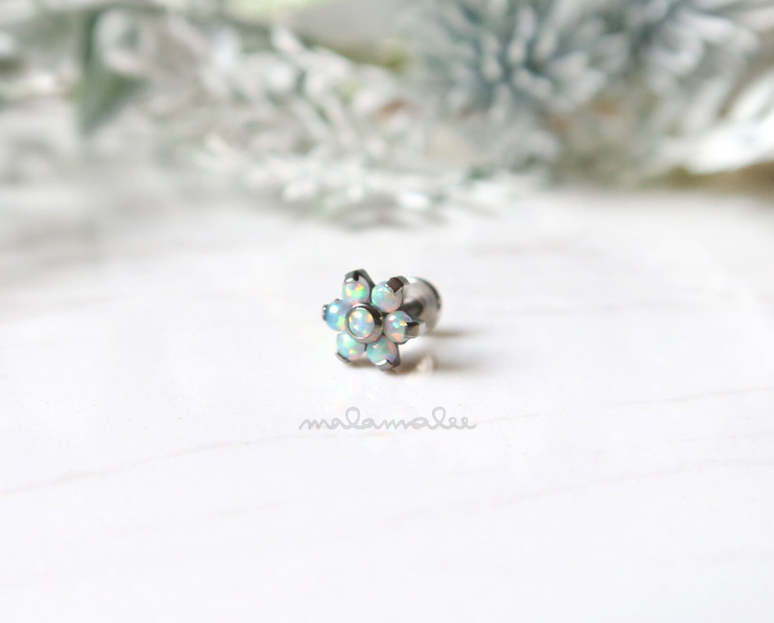 White Opal Flower Internally Threaded Flat Back Earrings | Etsy