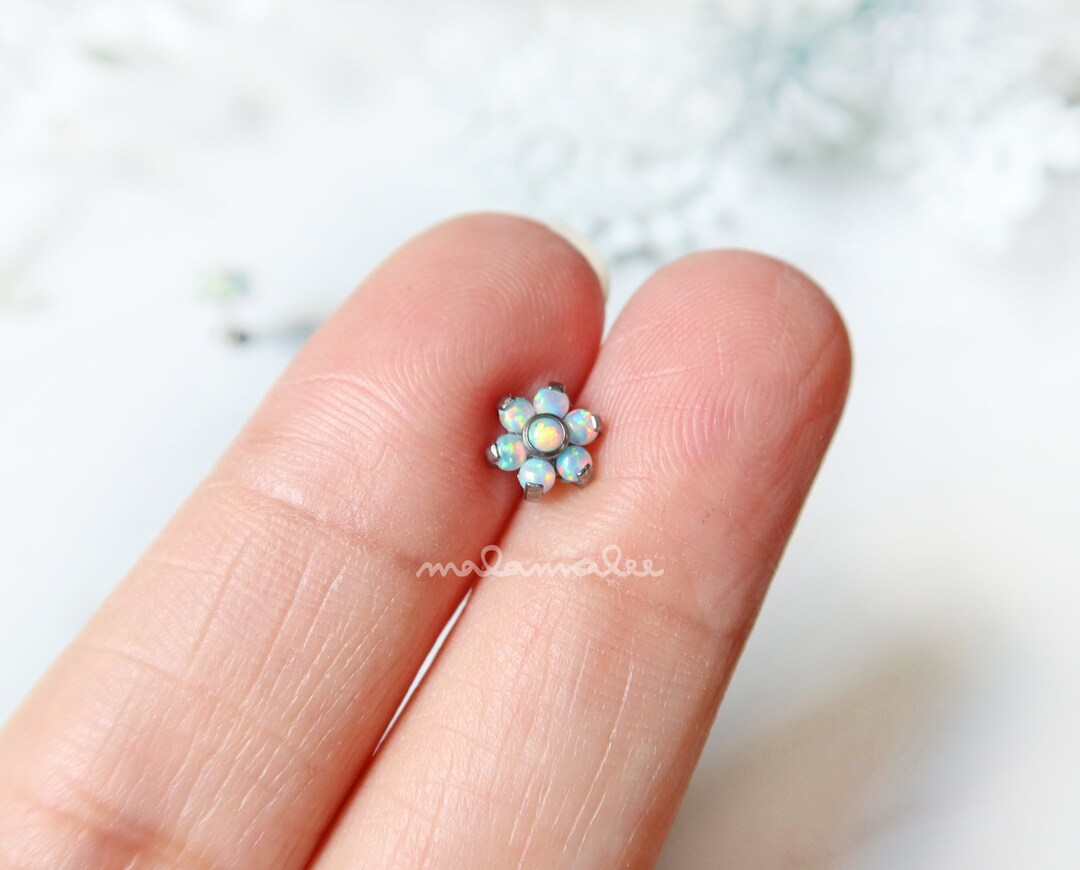 White Opal Flower Internally Threaded Flat Back Earrings, Titanium ...