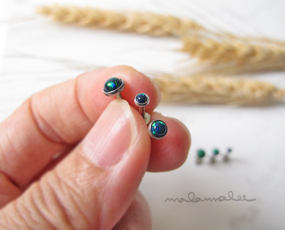 Set of 3, Green Opal Internally Threaded Flat Back Earrings, Titanium ...