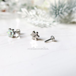 White Opal Flower Internally Threaded Flat Back Earrings, Titanium ...