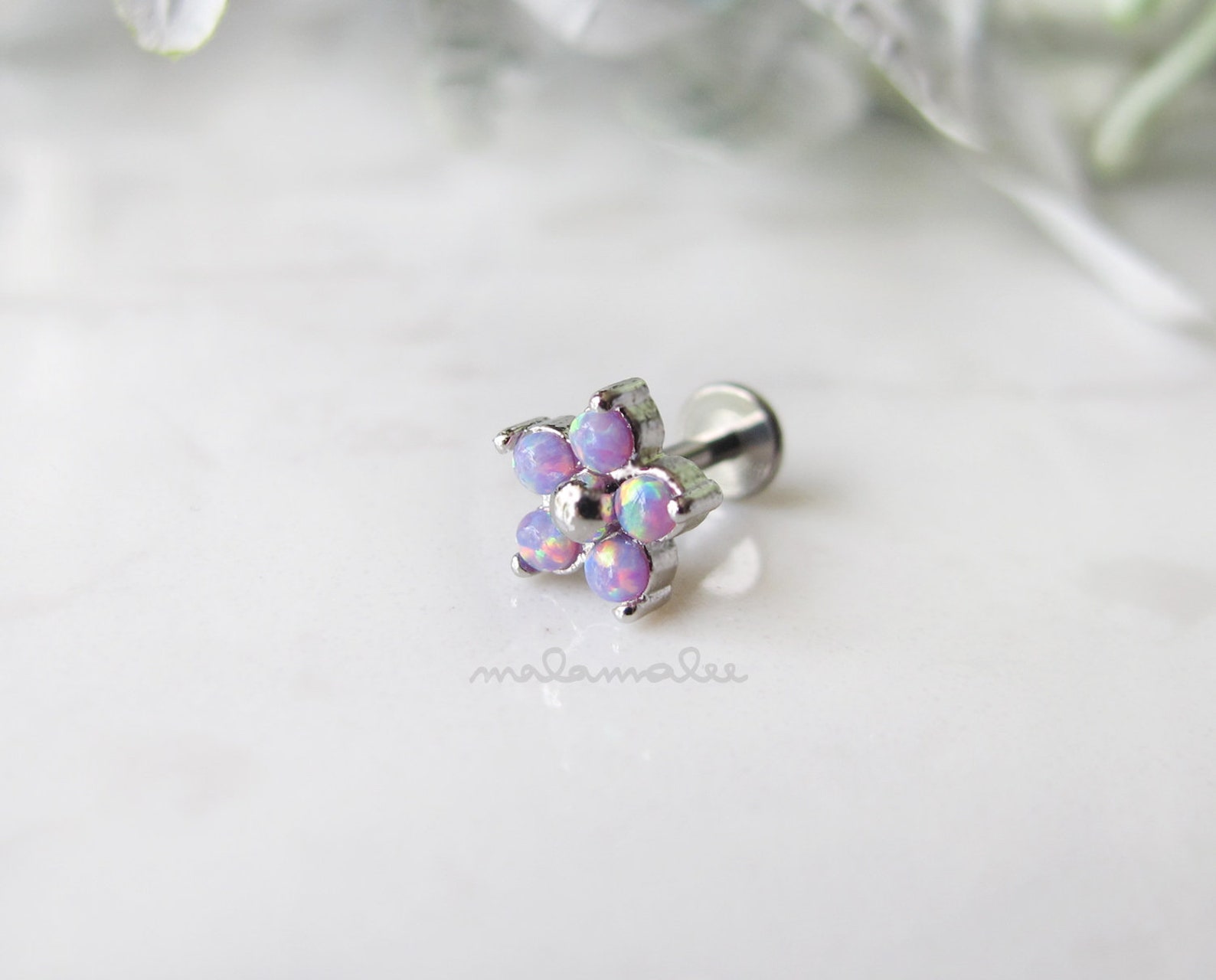 Tiny Opal Flower Internally Threaded Flat Back Earrings 16G | Etsy