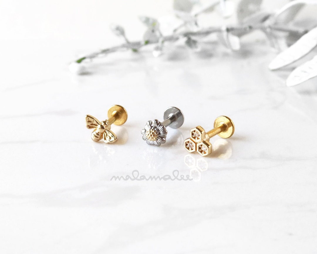 Tiny Bee / Flower / Beehive Earring Set, 16G Flat Back Earring, Ear ...
