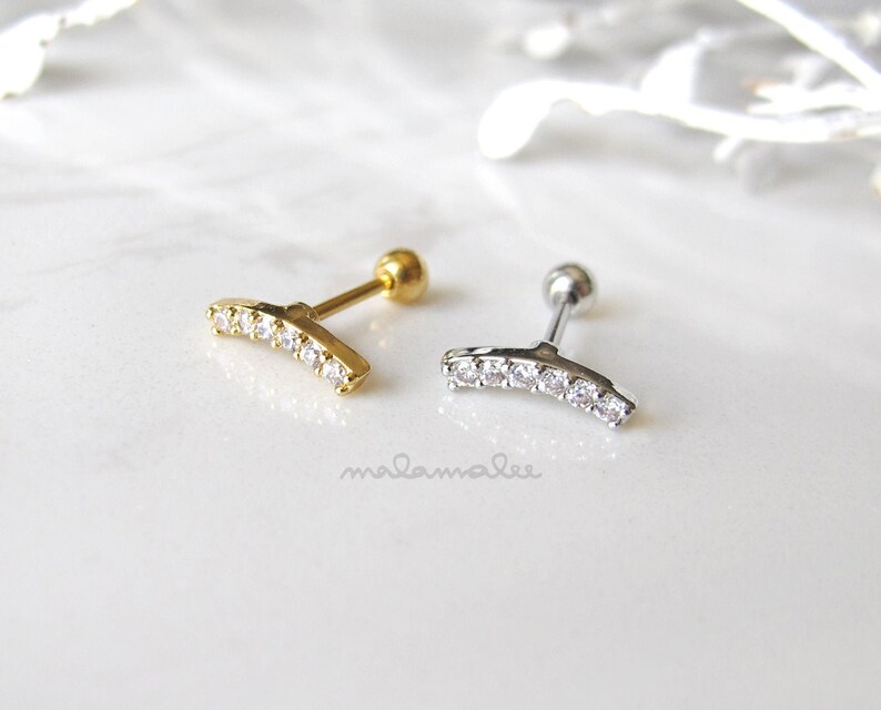 Short Curved Bar CZ Ear Piercing, CZ Stud Earrings, 20G Cartilage ...