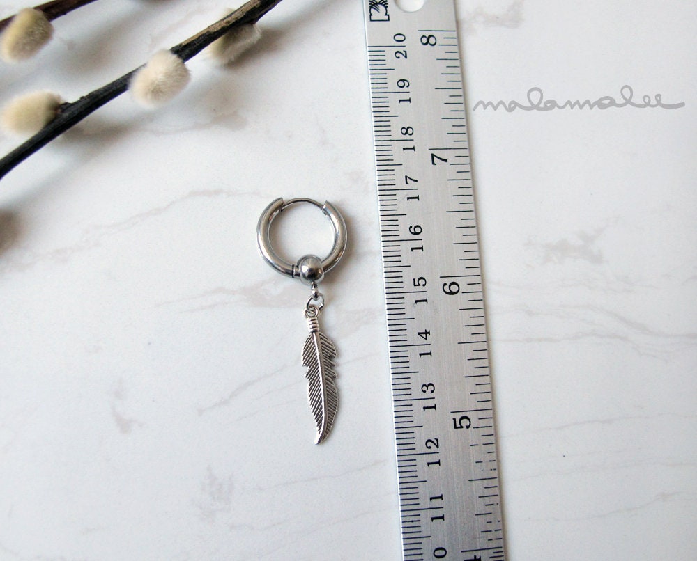 Mens Huggie Hoop With Dangle Feather Stainless Steel Hoop | Etsy