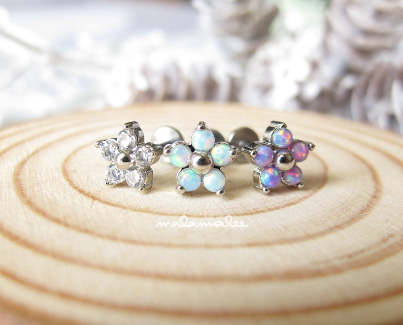 Tiny Opal Flower Internally Threaded Flat Back Earrings, 16G Labret ...