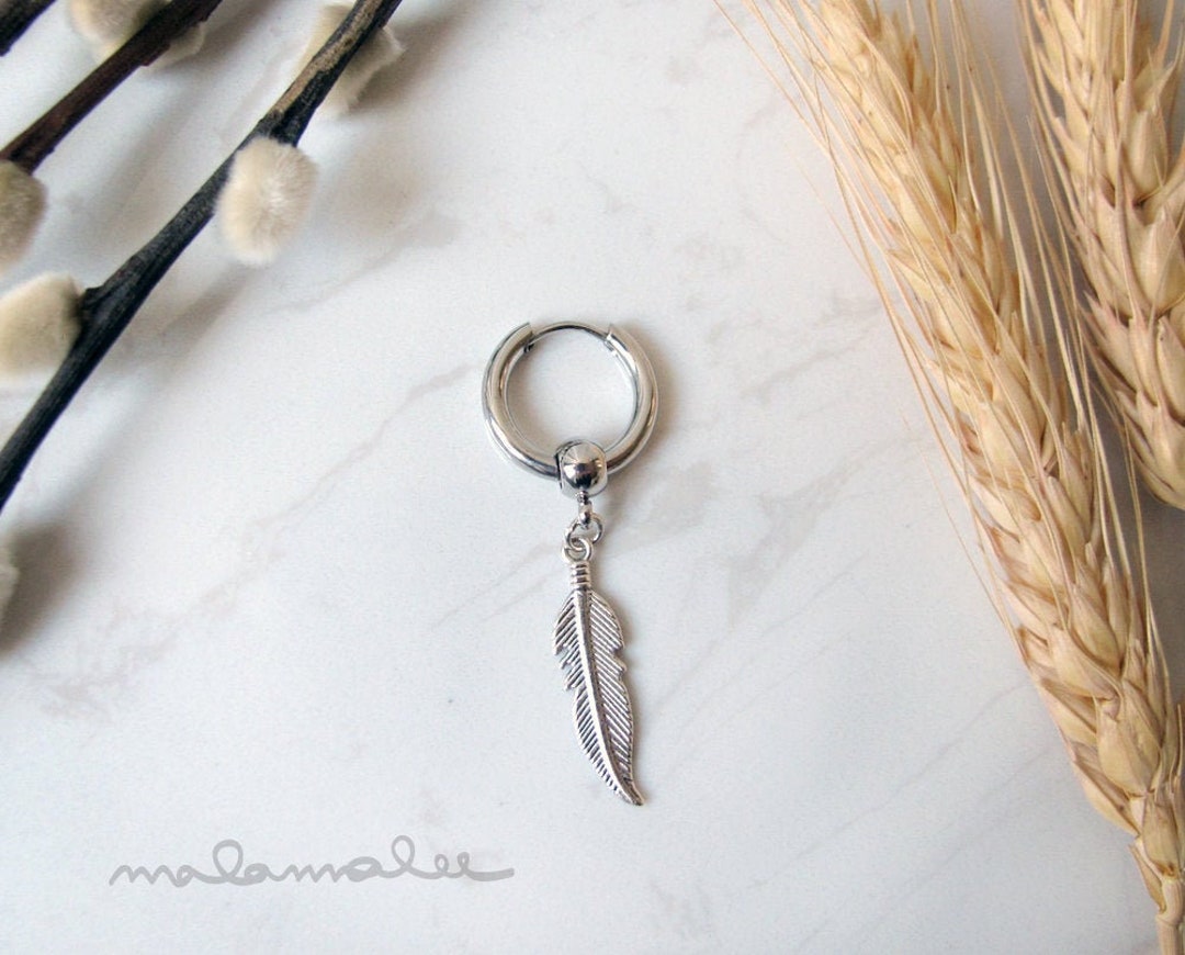 Mens Huggie Hoop With Dangle Feather, Stainless Steel Hoop Earrings ...