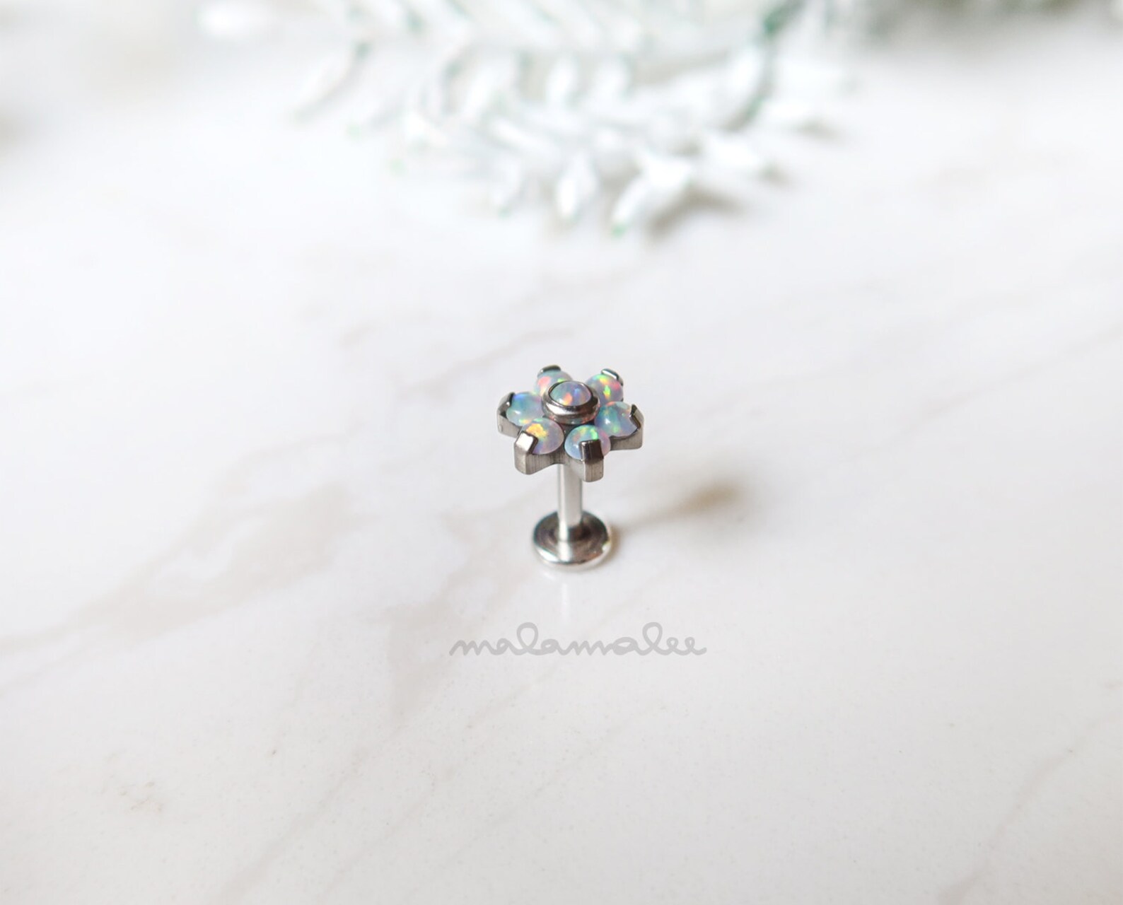 White Opal Flower Internally Threaded Flat Back Earrings | Etsy