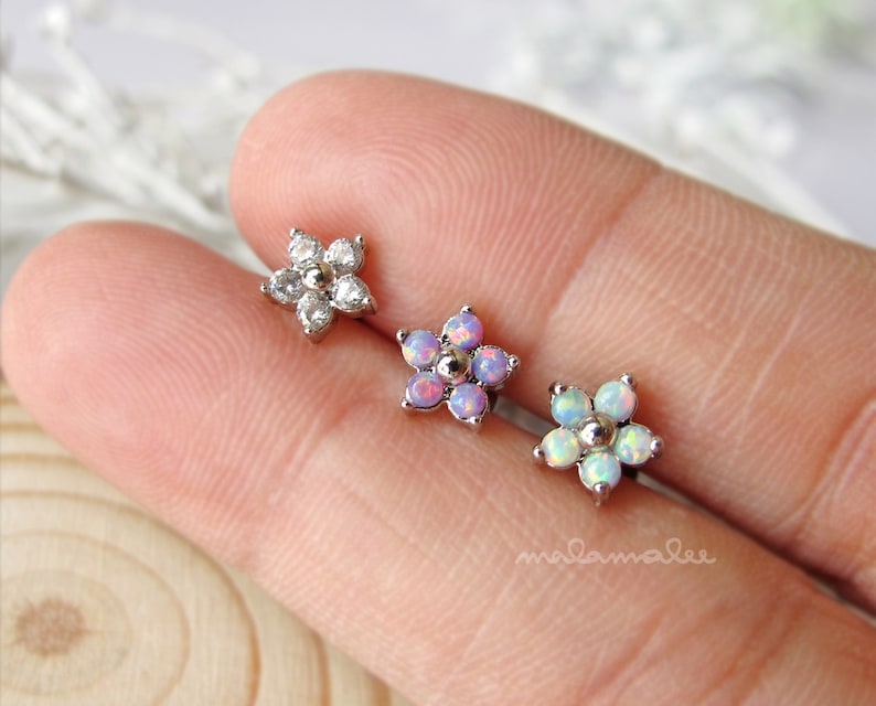 Tiny Opal Flower Internally Threaded Flat Back Earrings, 16G Labret ...