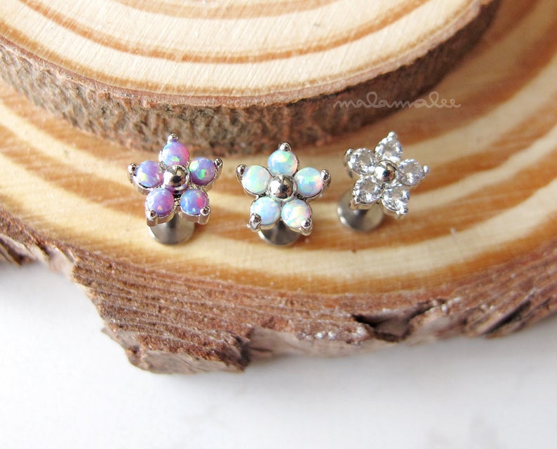 Tiny Opal Flower Internally Threaded Flat Back Earrings, 16G Labret ...