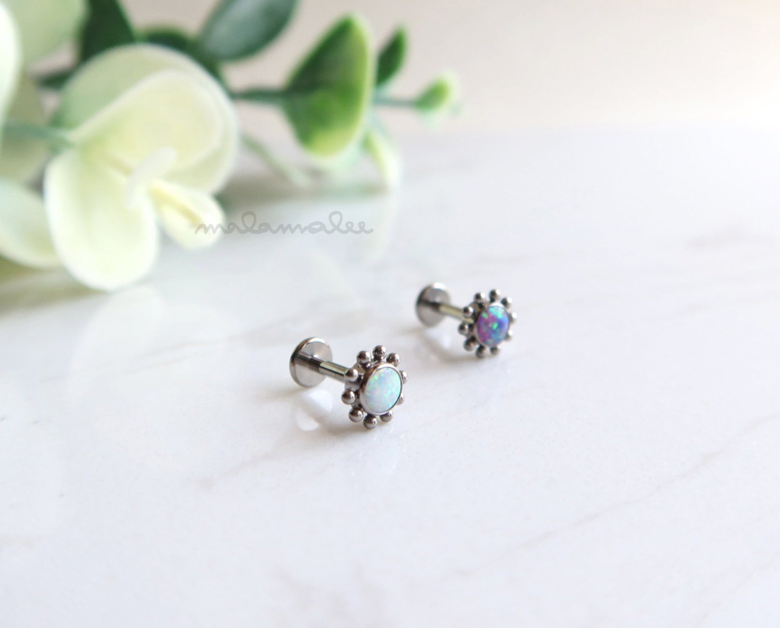 Round Opal Cluster Dot Internally Threaded Flat Back Earrings | Etsy