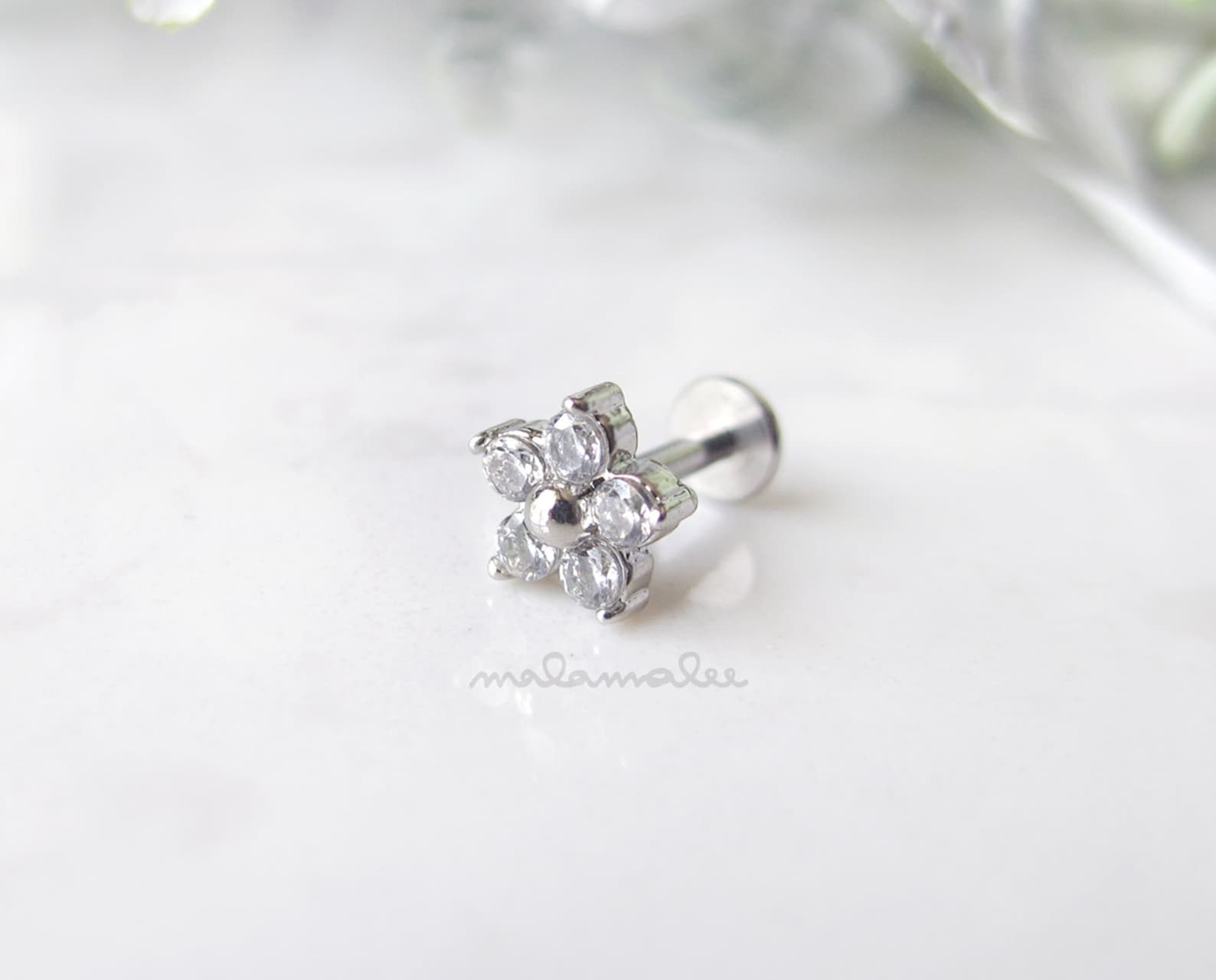 Tiny Opal Flower Internally Threaded Flat Back Earrings, 16G Labret ...