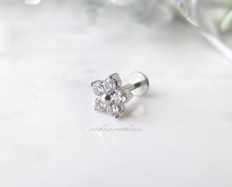 Tiny Opal Flower Internally Threaded Flat Back Earrings, 16G Labret ...