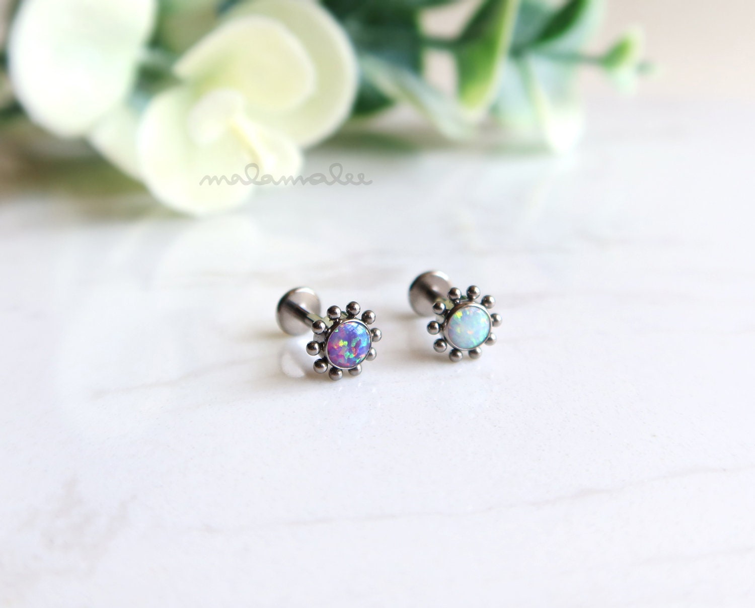 Round Opal Cluster Dot Internally Threaded Flat Back Earrings | Etsy