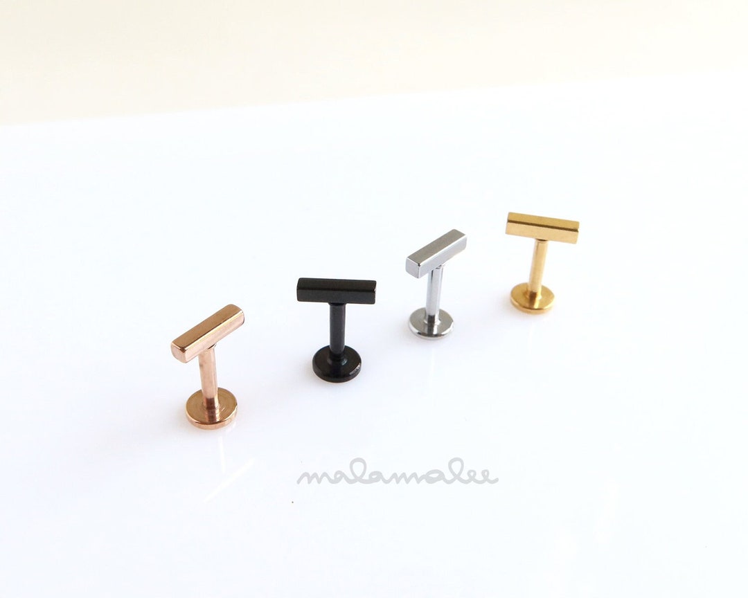 Bar Stud Flat Back Ear Piercing, Black, Gold, Silver, Rose Gold ...