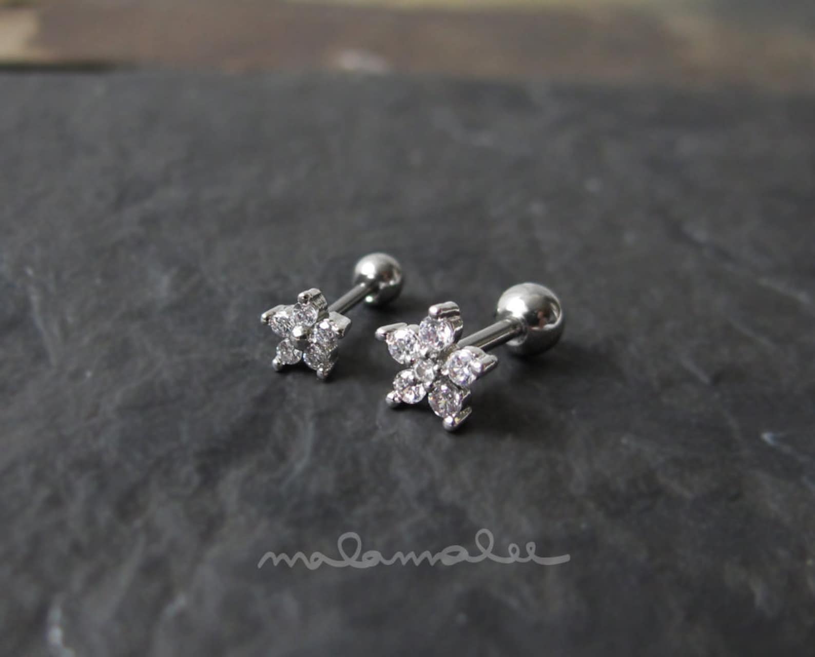 Tiny CZ Flower Piercing Flower Stud CZ Earrings 20G 16G | Etsy