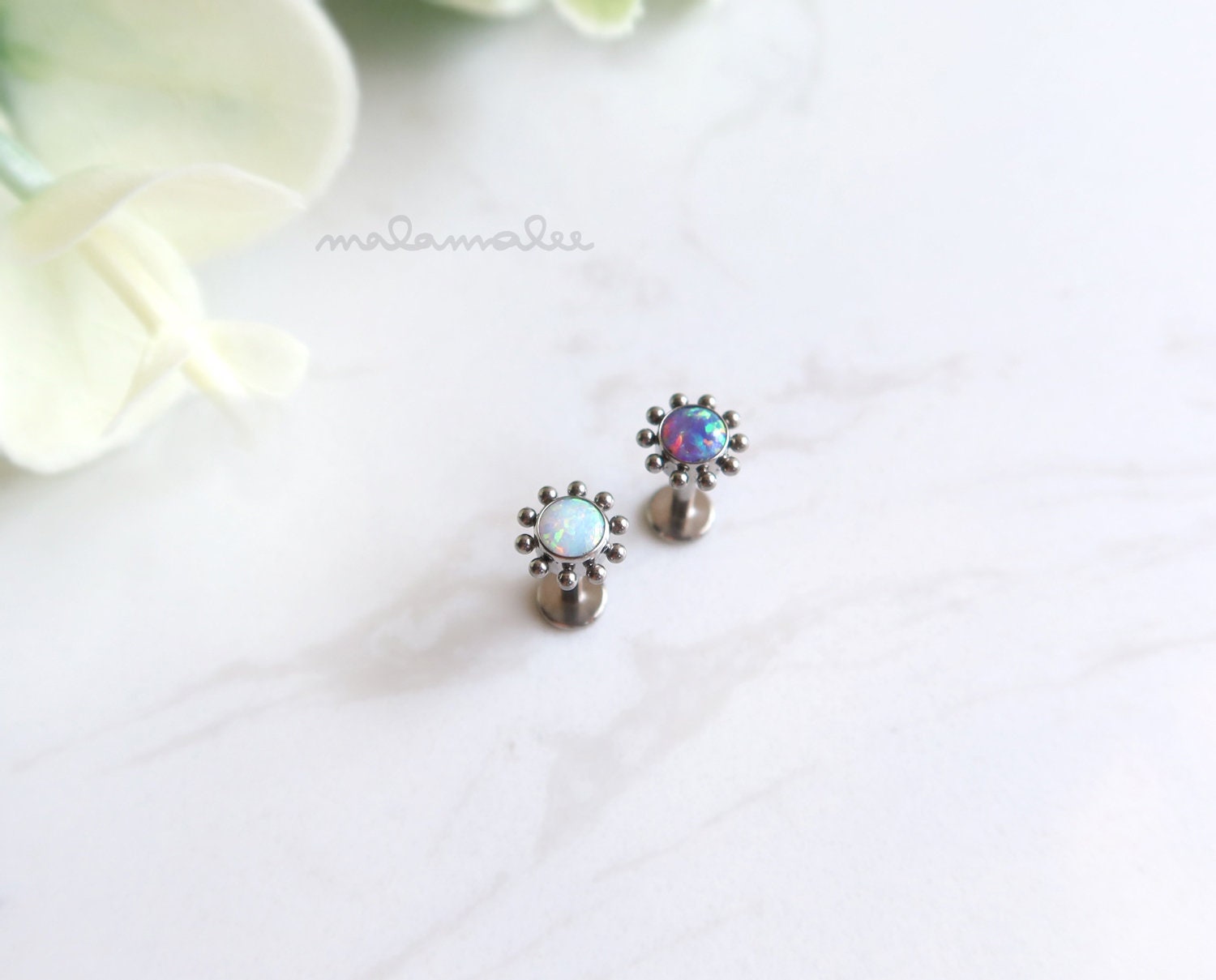 Round Opal Cluster Dot Internally Threaded Flat Back Earrings | Etsy