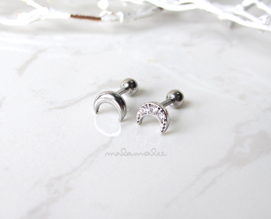 Crescent Moon Stud Cartilage Earring 16G Helix earring | Etsy