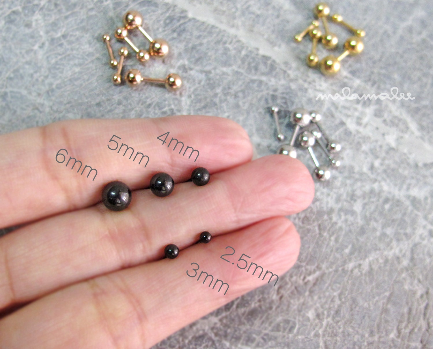 Set of 5 Ball ear piercing Black rose gold earrings | Etsy