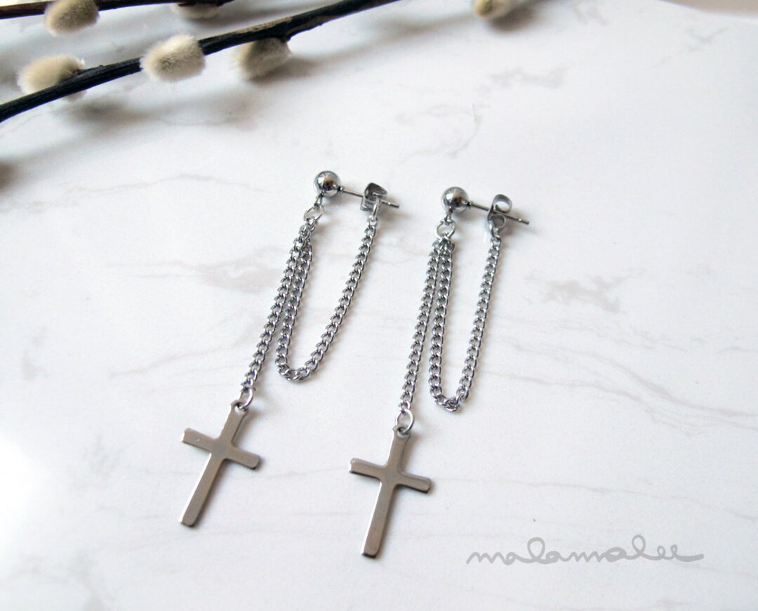 Stud Earrings With Dangling Cross and Chain, Stainless Steel Drop ...