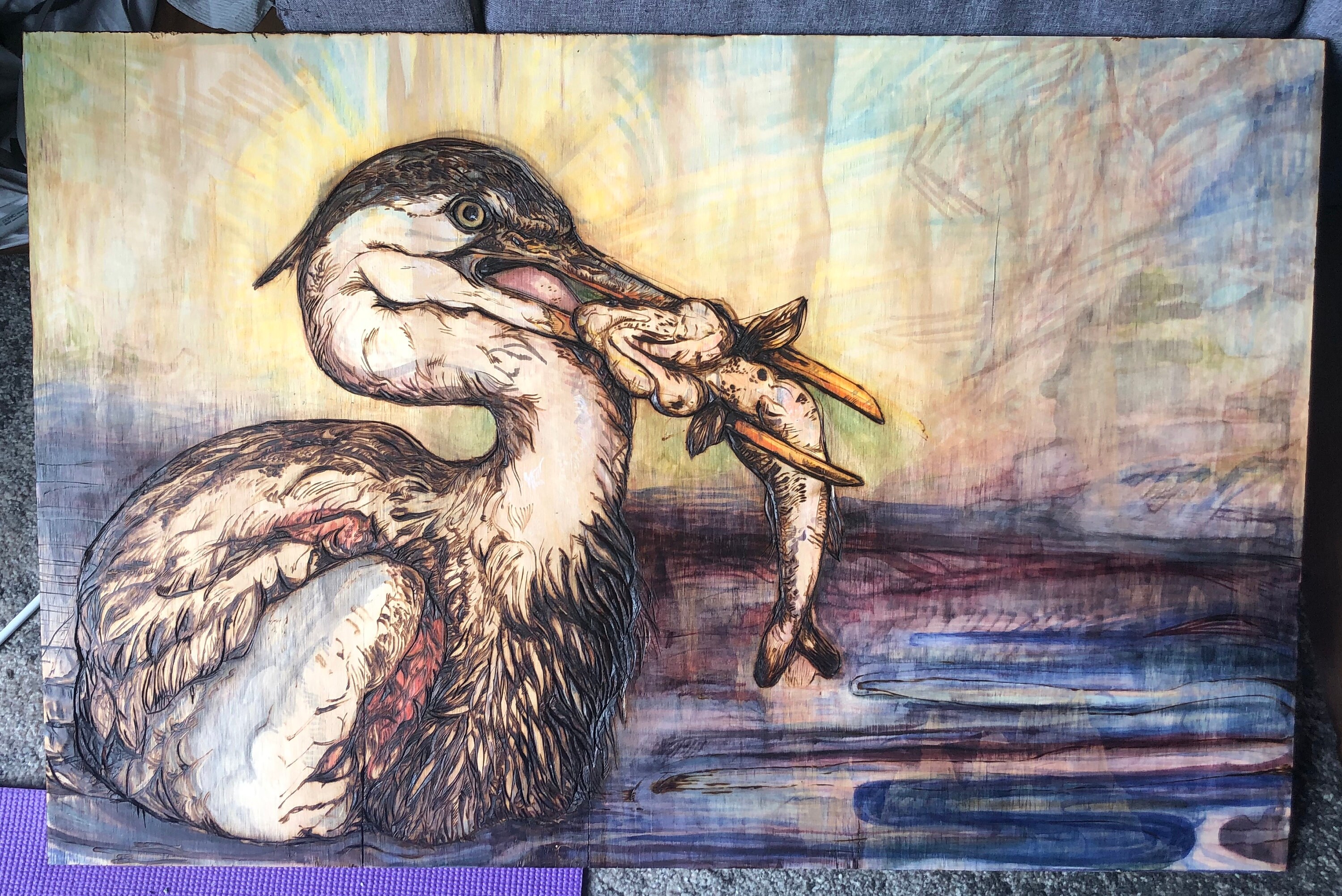 Bird Fishing, Woodburning Art, Pyrography, Large Wood Wall Art, Carved ...