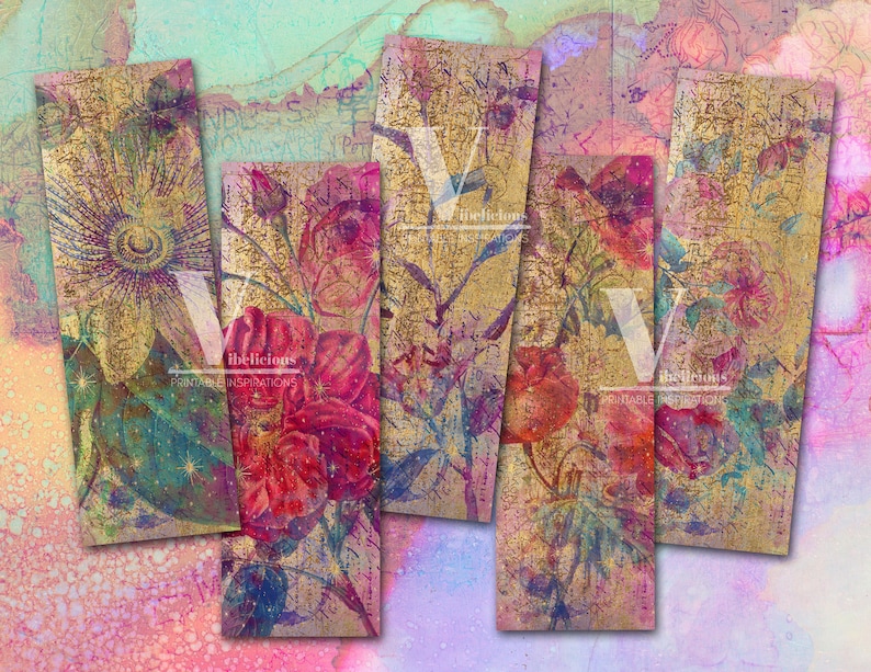 GOLD FLORAL Printable Bookmarks Digital Instant Download Grunge ...