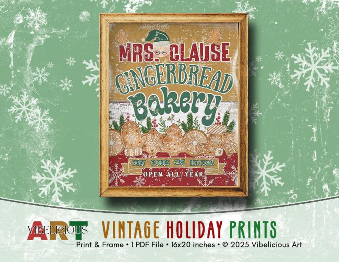 MRS. CLAUSE GINGERBREAD Bakery Vintage Holiday Print, Christmas Wall ...