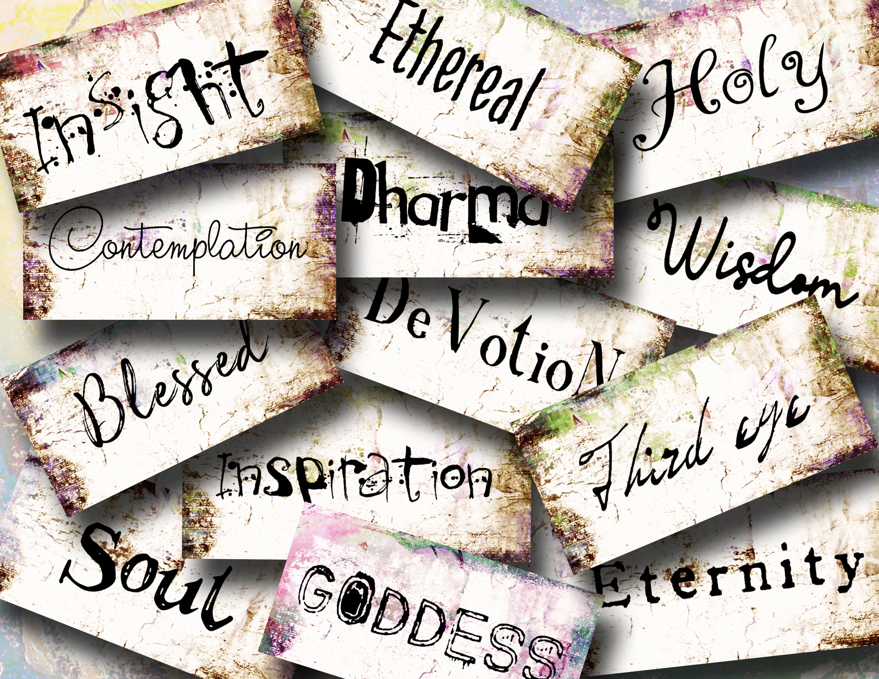 36 PRINTABLE JOURNAL WORDS Junk Journal Collage Spiritual New Age Cards ...