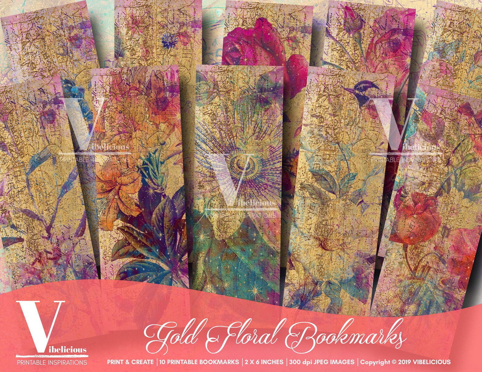 GOLD FLORAL Printable Bookmarks Digital Instant Download Grunge ...
