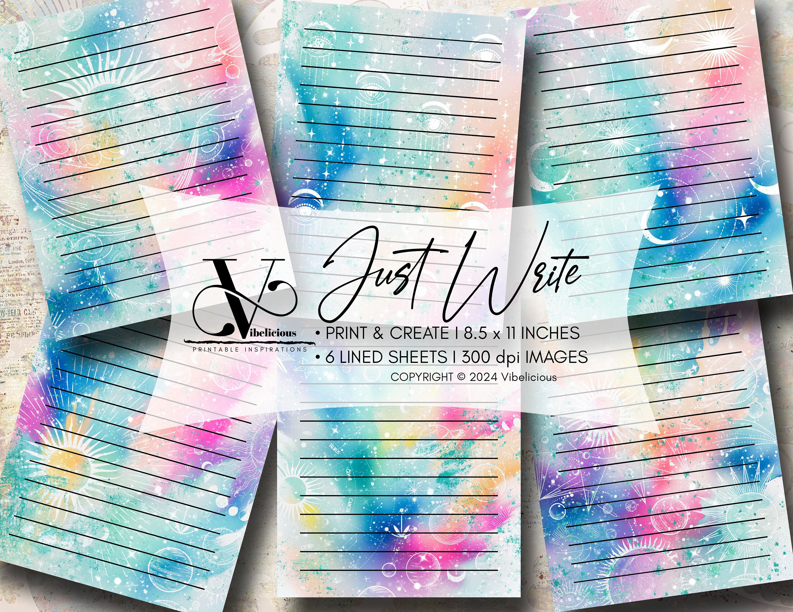 CELESTIAL JUST Write Printable Journal Writing Paper Watercolor Sun ...