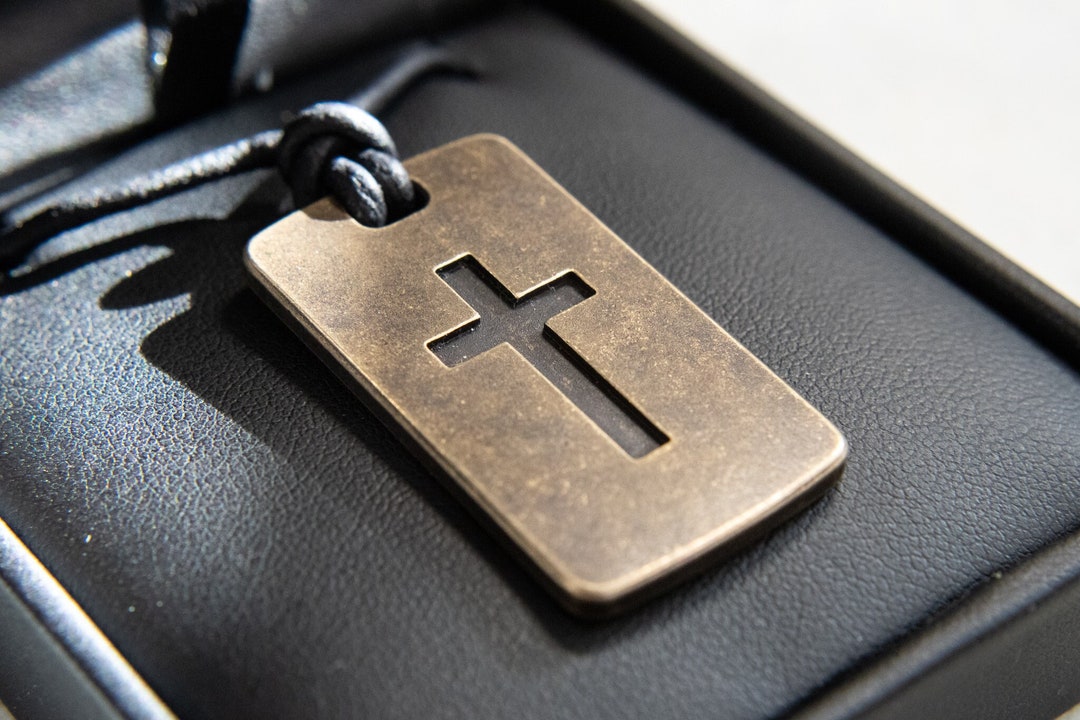 Cross Dog Tag Pendant - Mens Handmade Bronze Necklace - Leather Cord ...