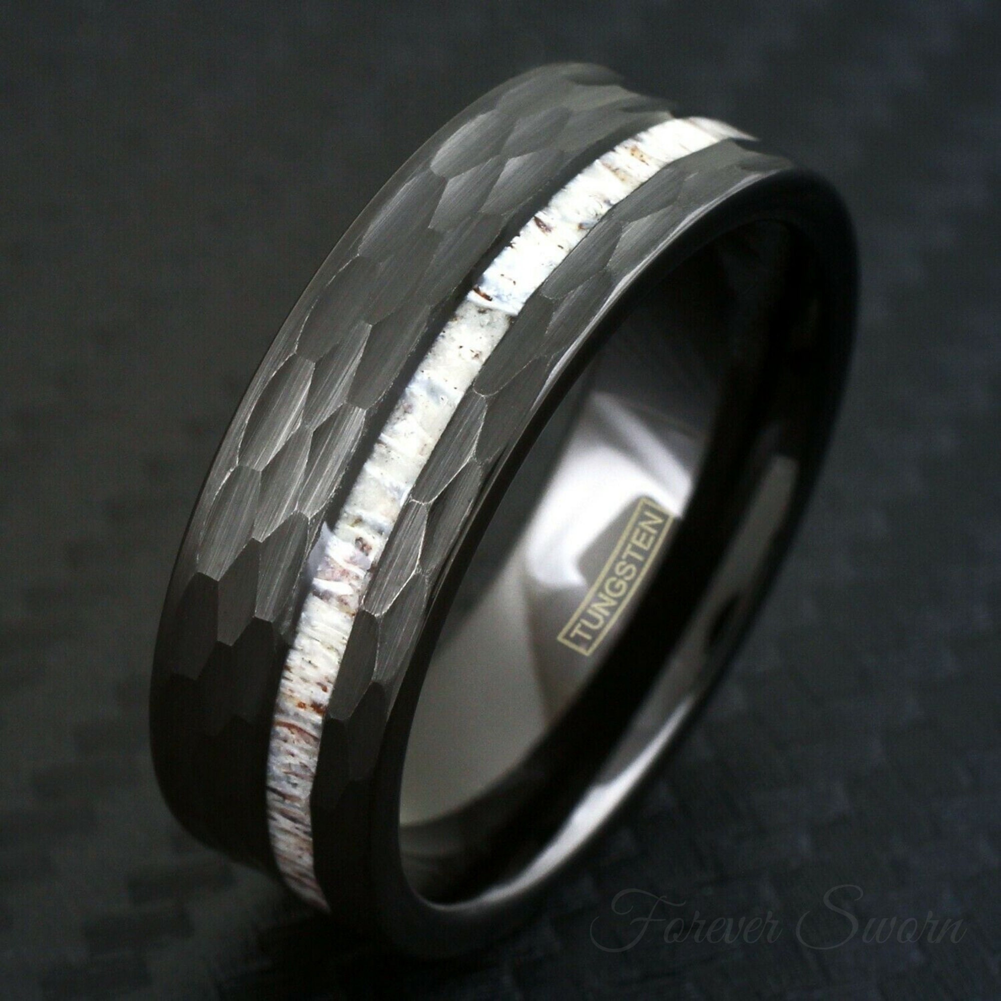 Engraved Deer Antler Black Hammered Ring | Men's Women's Facet Tungsten ...