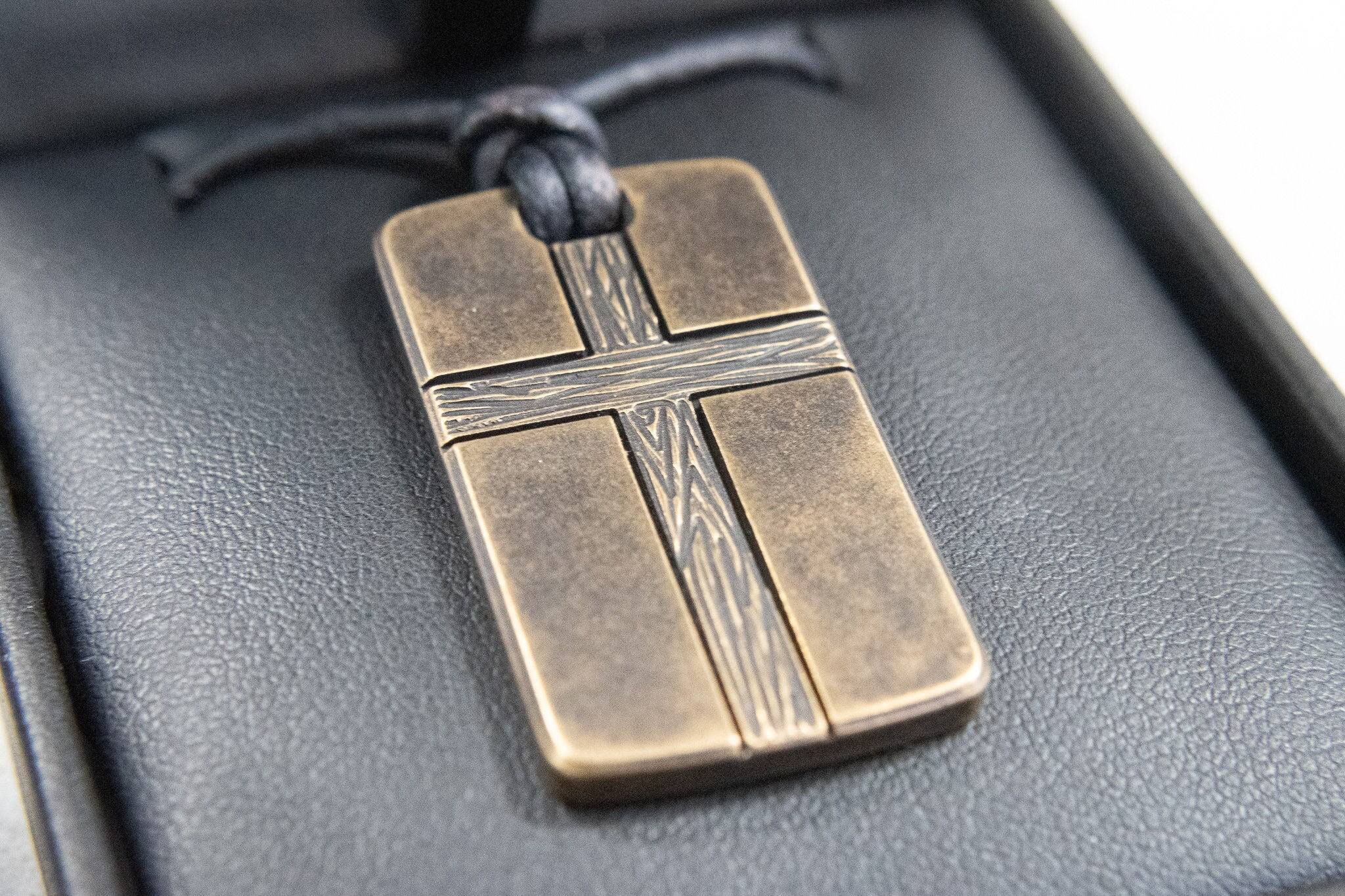 Wooden Texture Cross Dog Tag Pendant - Mens Handmade Bronze Necklace ...