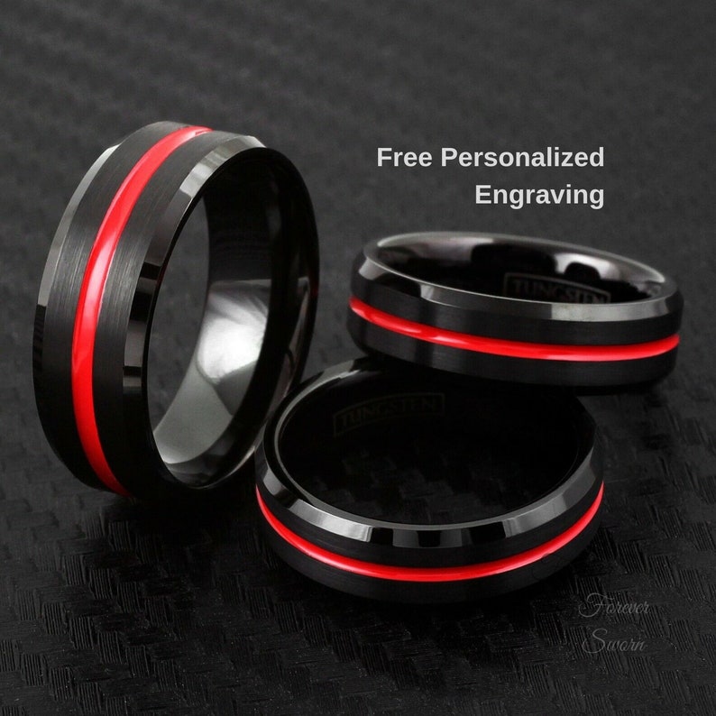 Engraved Firefighter Thin Red Line Ring Men's Wedding | Etsy