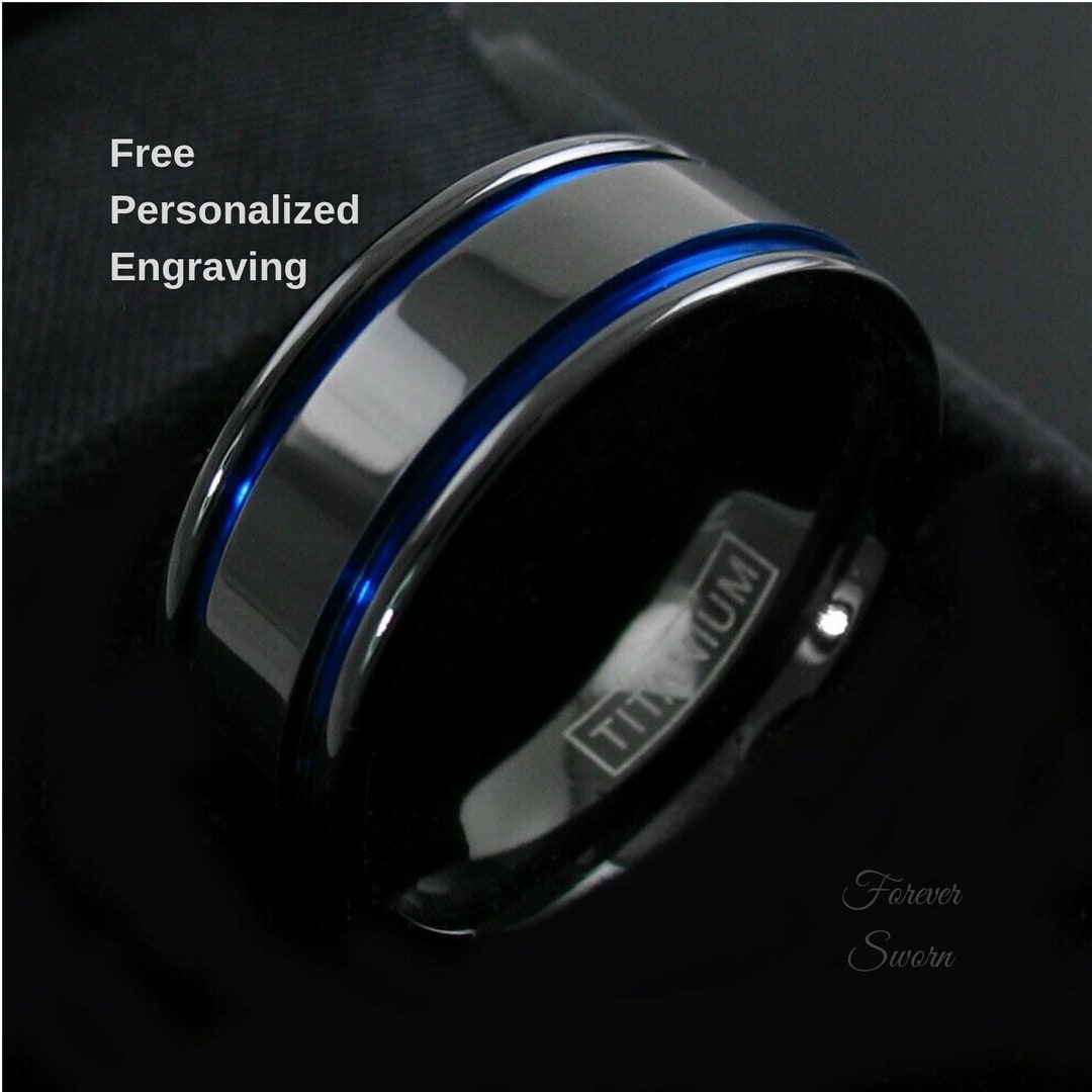 Thin Blue Line Ring | Men's Women's Titanium Black Gunmetal Wedding ...