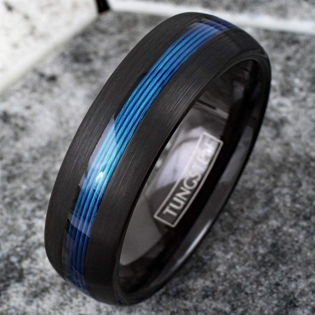 Black Tungsten Thin Blue Line Ring | Fishing Line | Police Men's Women ...