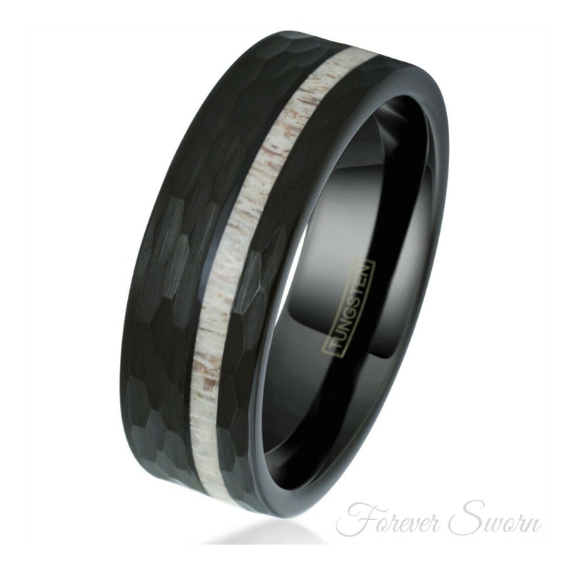 Engraved Deer Antler Black Hammered Ring | Men's Women's Facet Tungsten ...