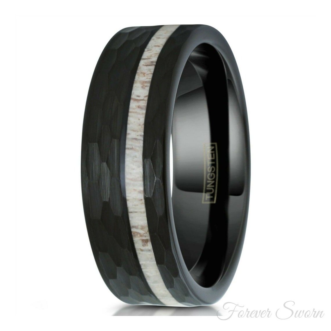 Engraved Deer Antler Black Hammered Ring | Men's Women's Facet Tungsten ...