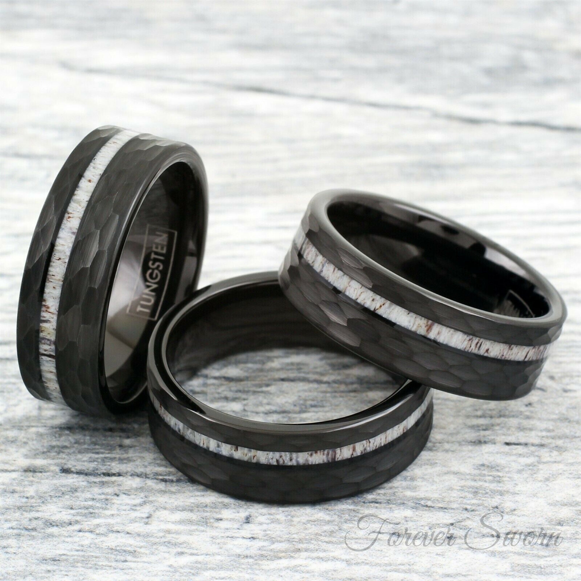 Engraved Deer Antler Black Hammered Ring | Men's Women's Facet Tungsten ...