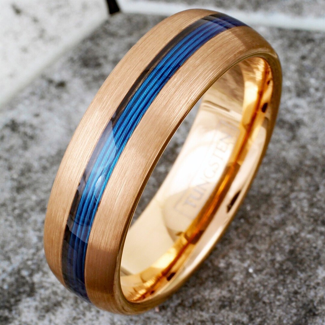 Rose Gold Tungsten Thin Blue Line Ring | Fishing Line | Police Men's ...