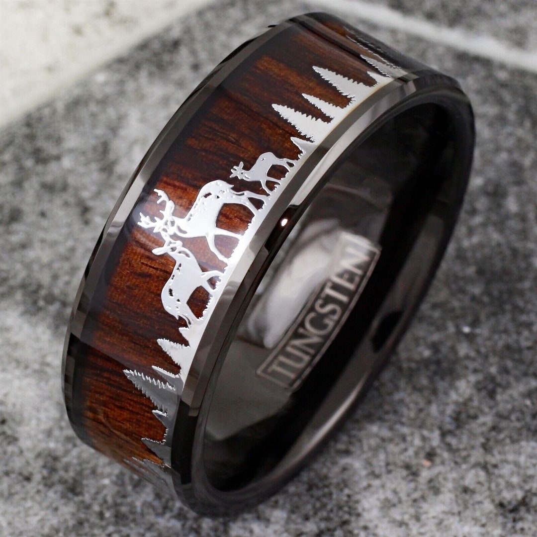 Deer Forest Scene Black Tungsten Ring | Men's Wedding Band | Exotic Koa ...