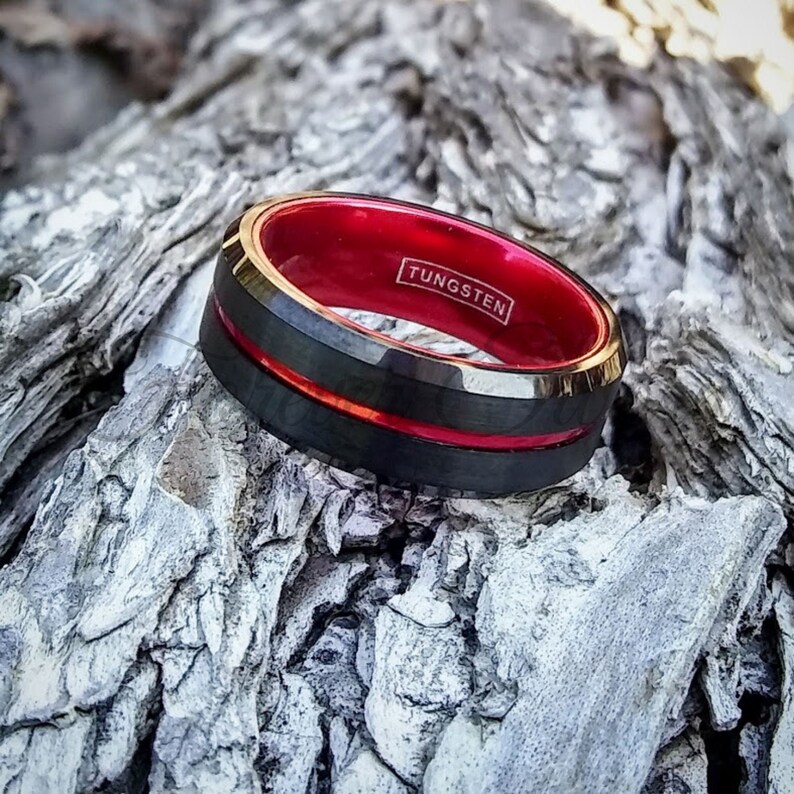 Thin Red Line Ring | Firefighter Gift | Men's Tungsten Wedding Band ...