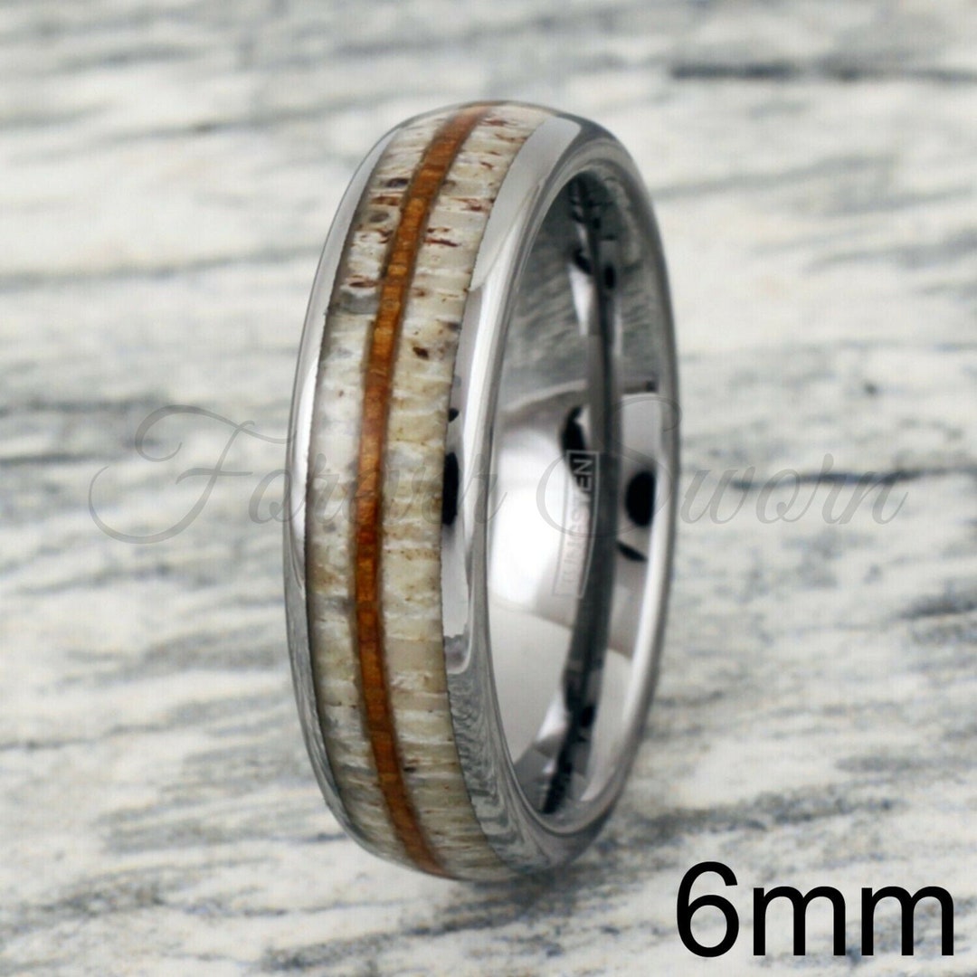 Engraved Rustic Deer Antler Ring Men's Women's Wedding Band Koa Wood ...