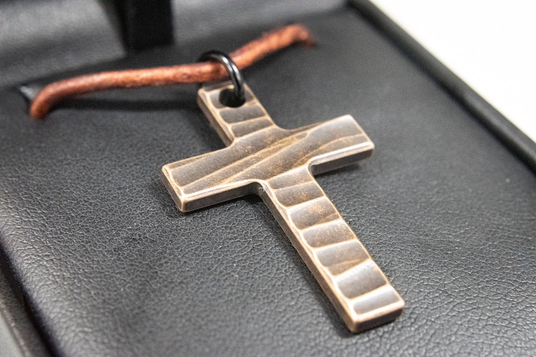 Rugged Cross Pendant Necklace - Mens Handmade Bronze Necklace - Leather ...